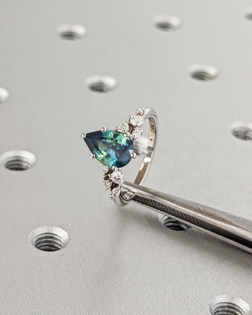 Teal Montana Sapphire Snowdrift Cluster Ring / Pear Cut Blue Green Pea ...