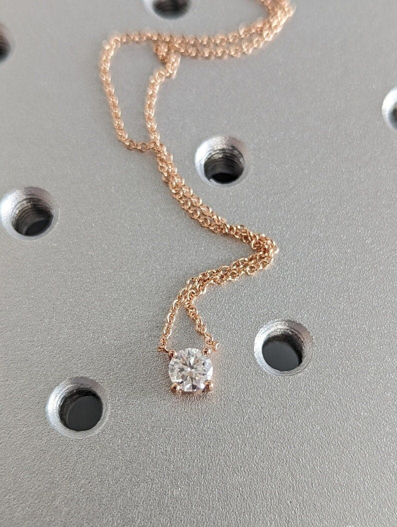 Attached Diamond on Chain, 14K Gold Diamond Necklace, Lab Grown Diamon ...