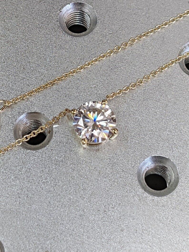 Attached Diamond on Chain, 14K Gold Diamond Necklace, Lab Grown Diamon ...